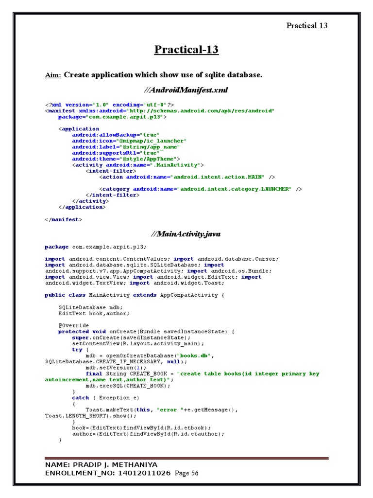 Practical-13: Create Application Which Show Use of Sqlite Database ...