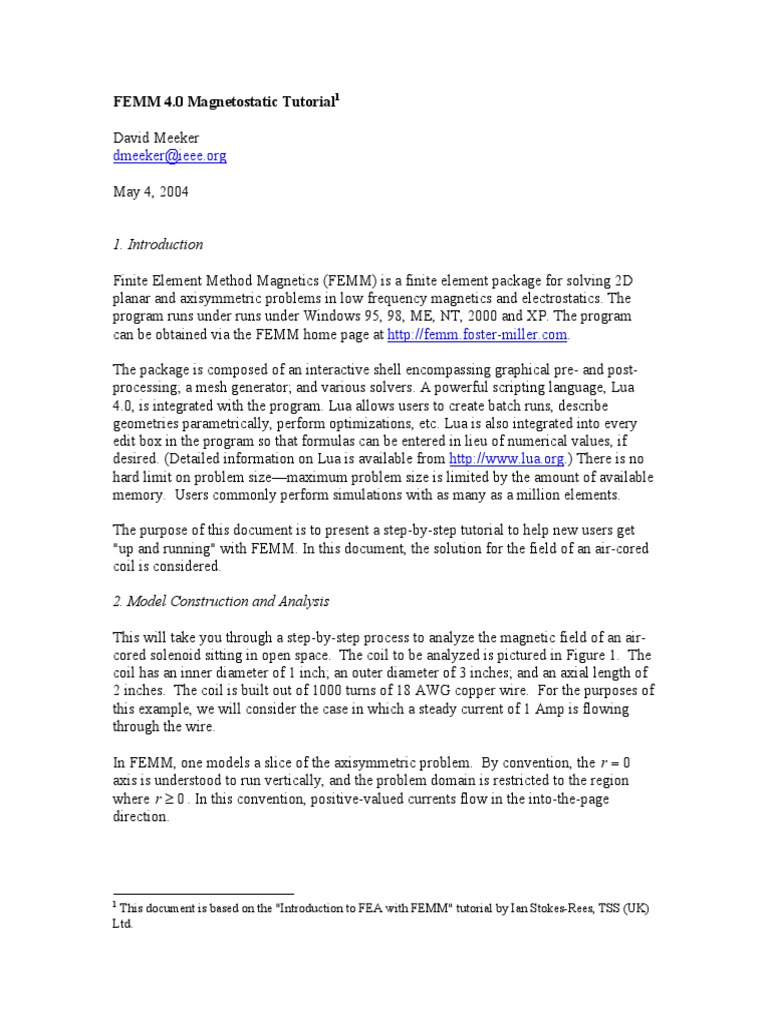 FEMM 40 Magnetostatic Tutorial David Meeker Dmeeker Ieeeorg May | PDF | Inductor | Finite ...