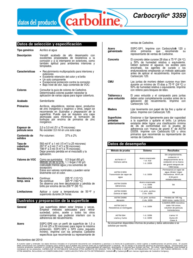 Carbocrylic 3359 PDS 11-10 ES-LA | PDF | Cepillo | Humedad