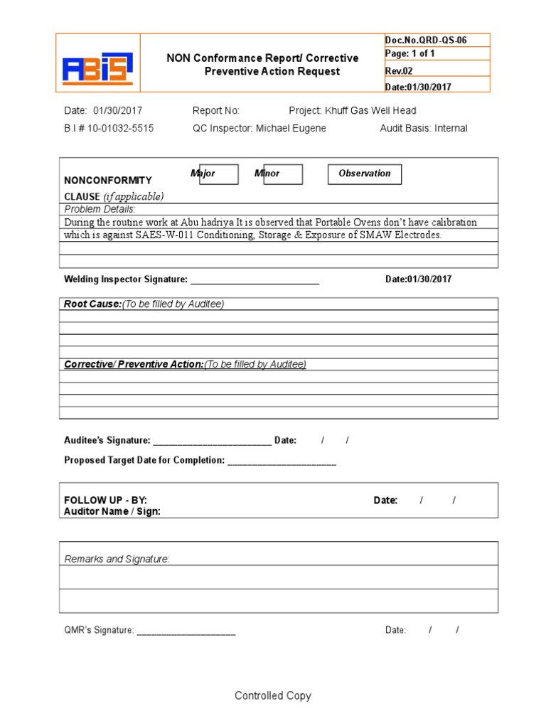 (If Applicable) : NON Conformance Report/ Corrective Preventive Action ...
