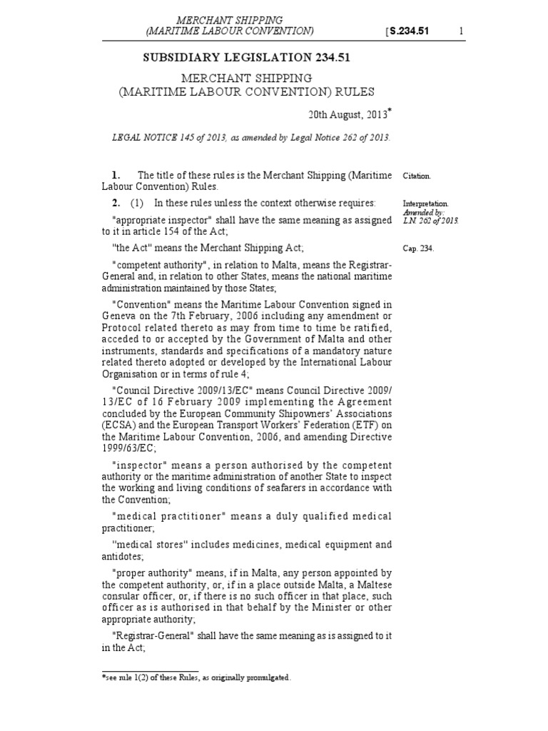 LN 145 of 2013 - MS (MLC) Rules 2013 (Amended) | PDF | Sailor | Ship ...