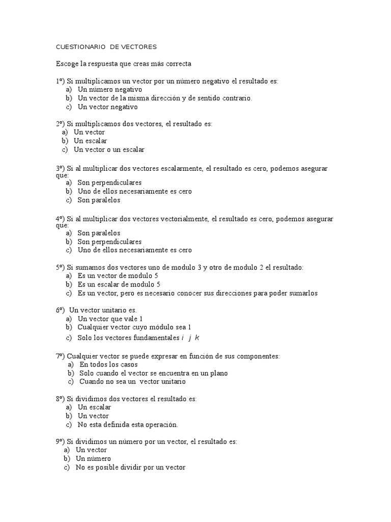 Cuestionario de Vectores 1 | PDF | Escalar (Matemáticas) | Vector ...