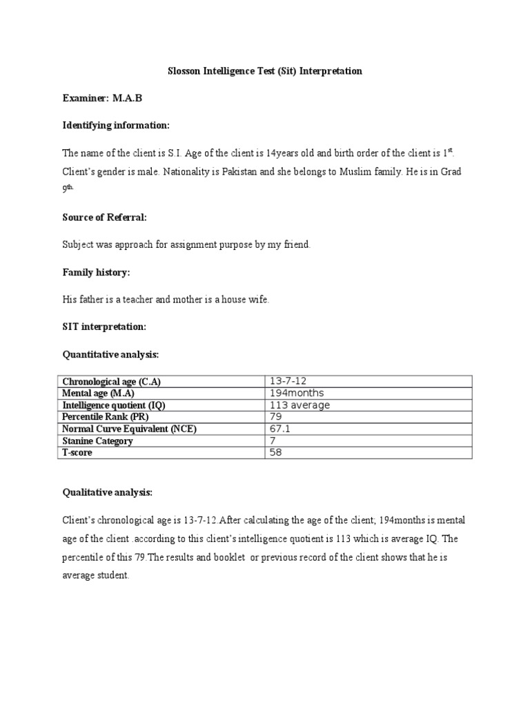 Slosson Intelligence Test (Sit) Interpretation Examiner: M.A.B ...