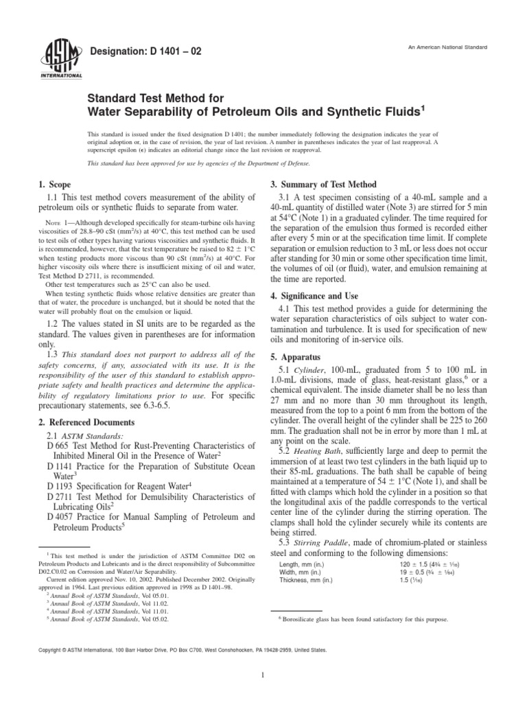 Water Separability of Petroleum Oils and Synthetic Fluids: Standard ...