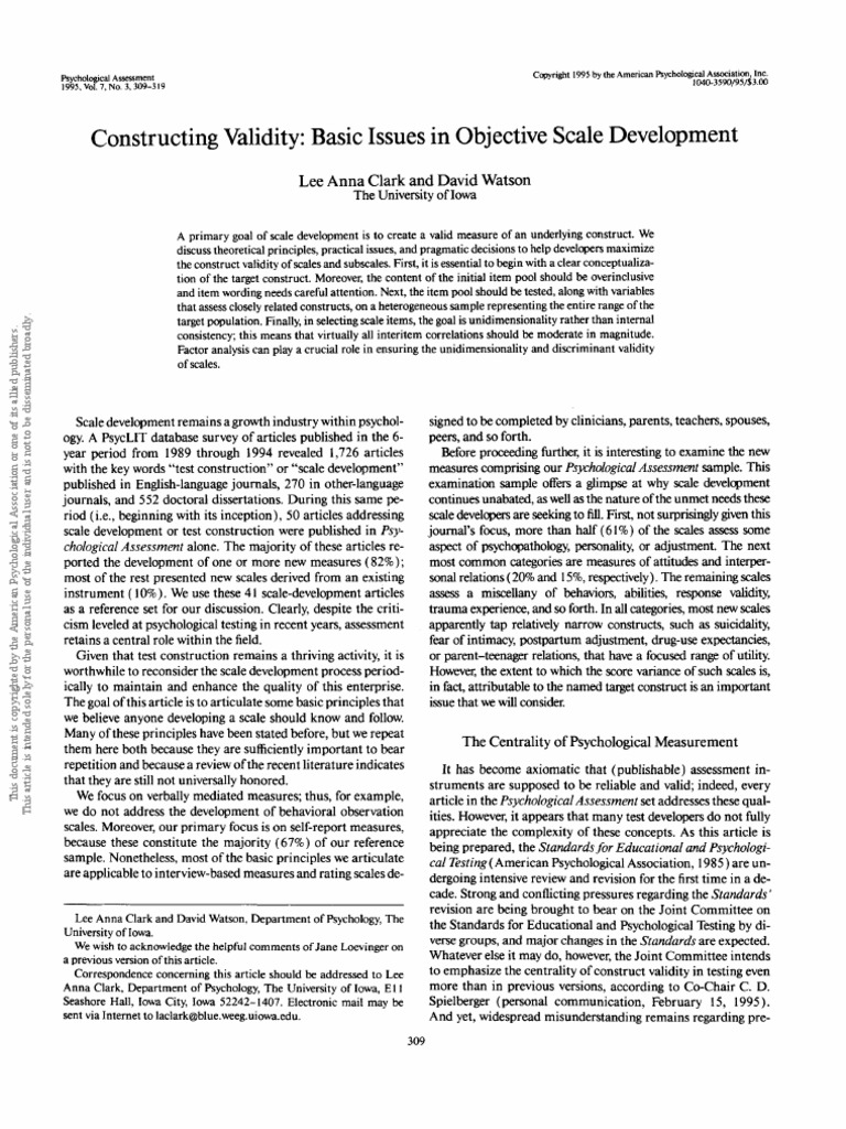 Clark y Watson (1995) : Constructing Validity: Basic Issues in Objective Scale Development | PDF ...
