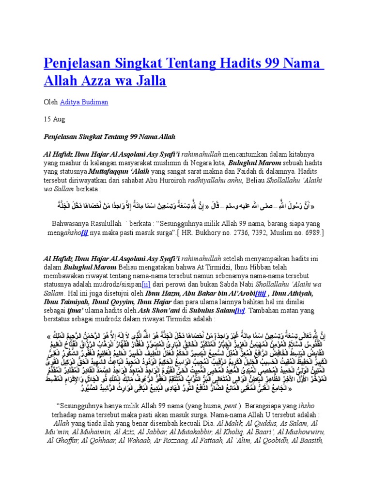 Penjelasan Singkat Tentang Hadits 99 Nama Allah Azza Wa Jalla | PDF
