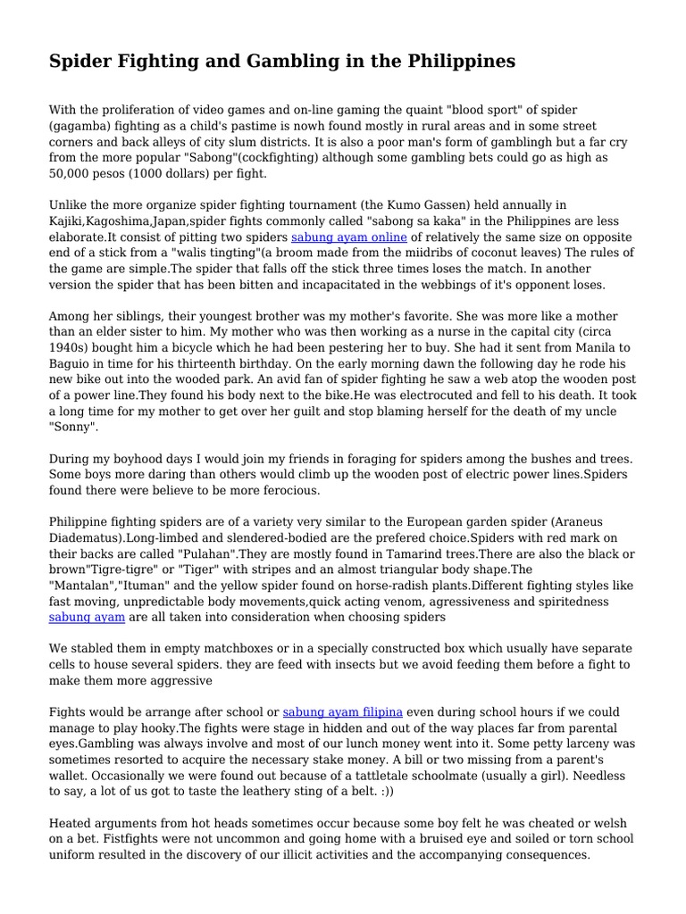 Spider Fighting and Gambling in The Philippines | PDF | Spider | Leisure