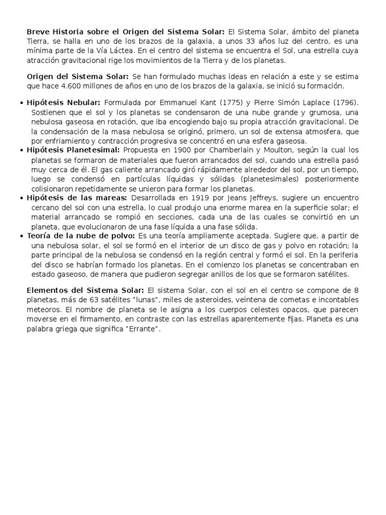 Breve Historia Sobre El Origen Del Sistema Solar | PDF | Formación y evolución del sistema solar ...