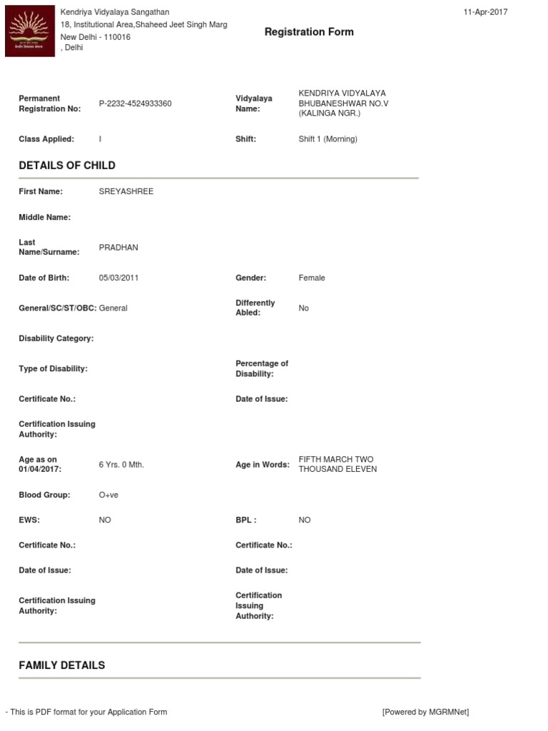Registration Form: Permanent Registration No: Vidyalaya Name | PDF