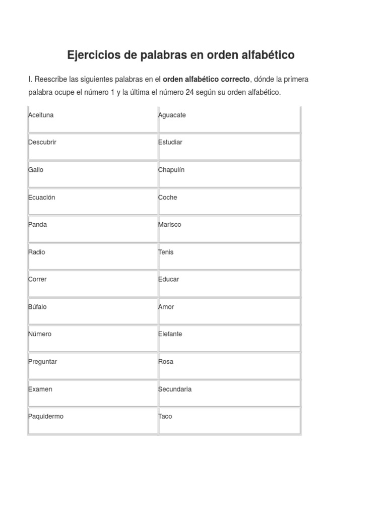 Ejercicios de Palabras en Orden Alfabético | PDF | Naturaleza