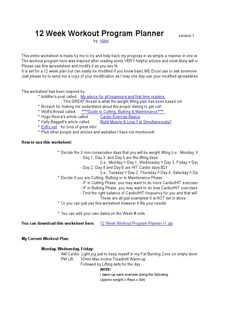 12 Week Workout Program Planner v1 | PDF | Aerobic Exercise ...