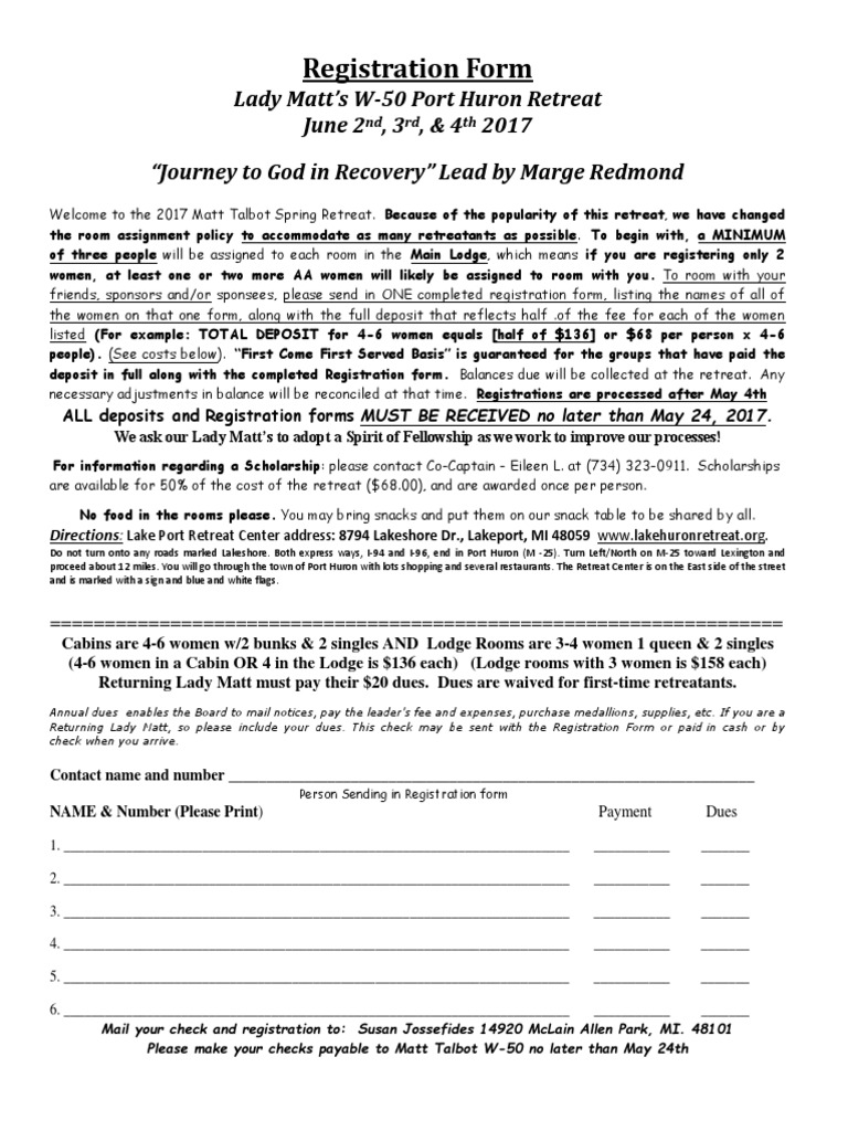 2017 Matt Talbot Retreat Registration | PDF | Service Industries ...