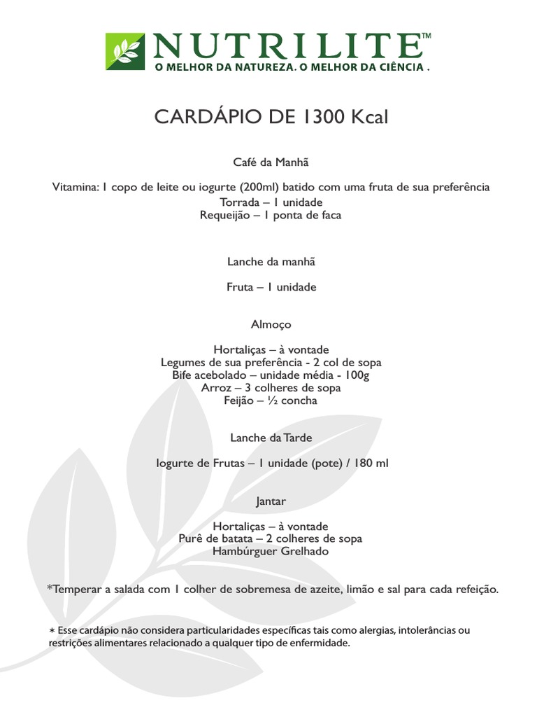 Cardápio de 1300 kcal para emagrecer | PDF | Pães | Milho