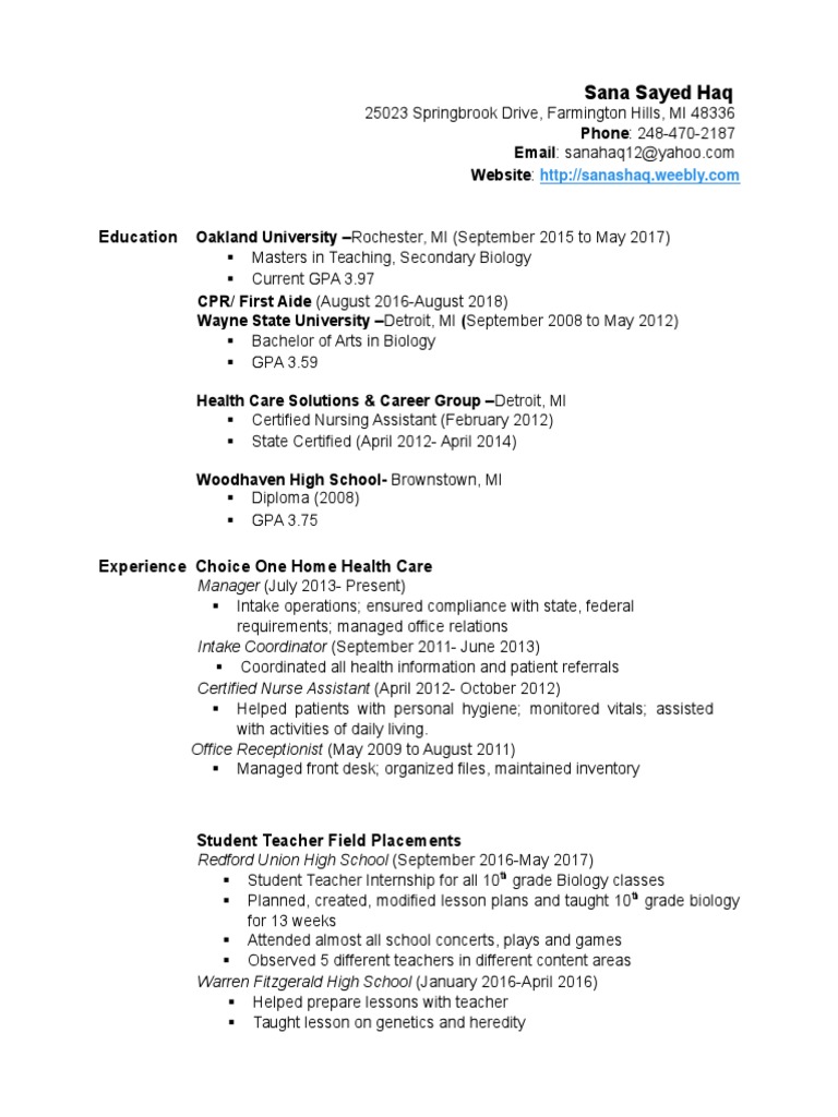 Sana Haq Resume | Download Free PDF | Secondary School | Detroit