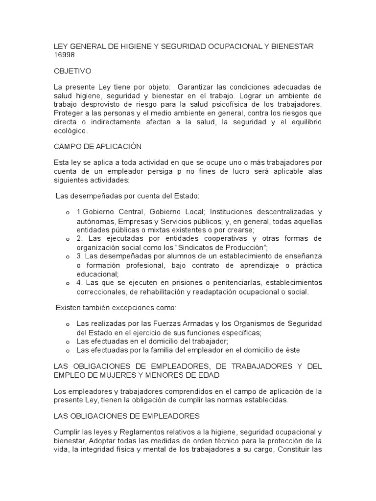 Ley General de Higiene y Seguridad Ocupacional y Bienestar 16998 | PDF | Derecho laboral | Seguridad