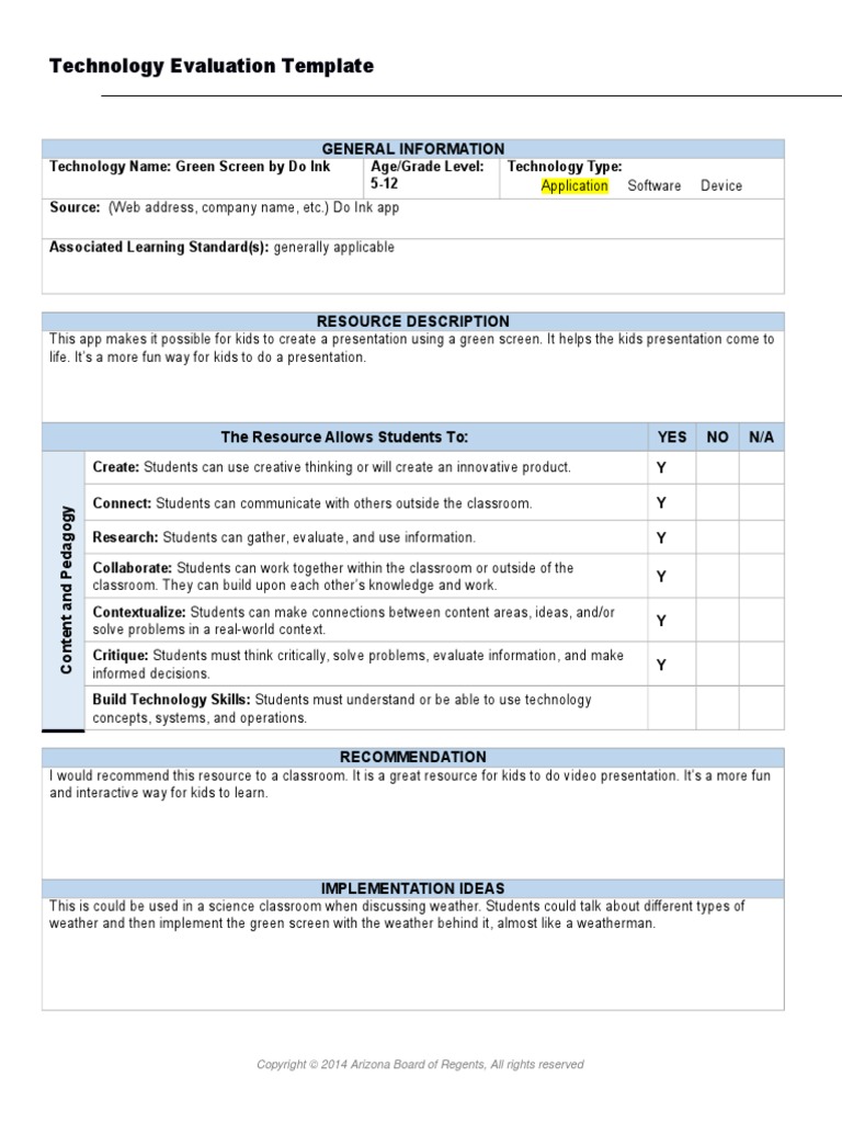 Technology Evaluation Template PTP Green Screen | PDF | Classroom | Evaluation