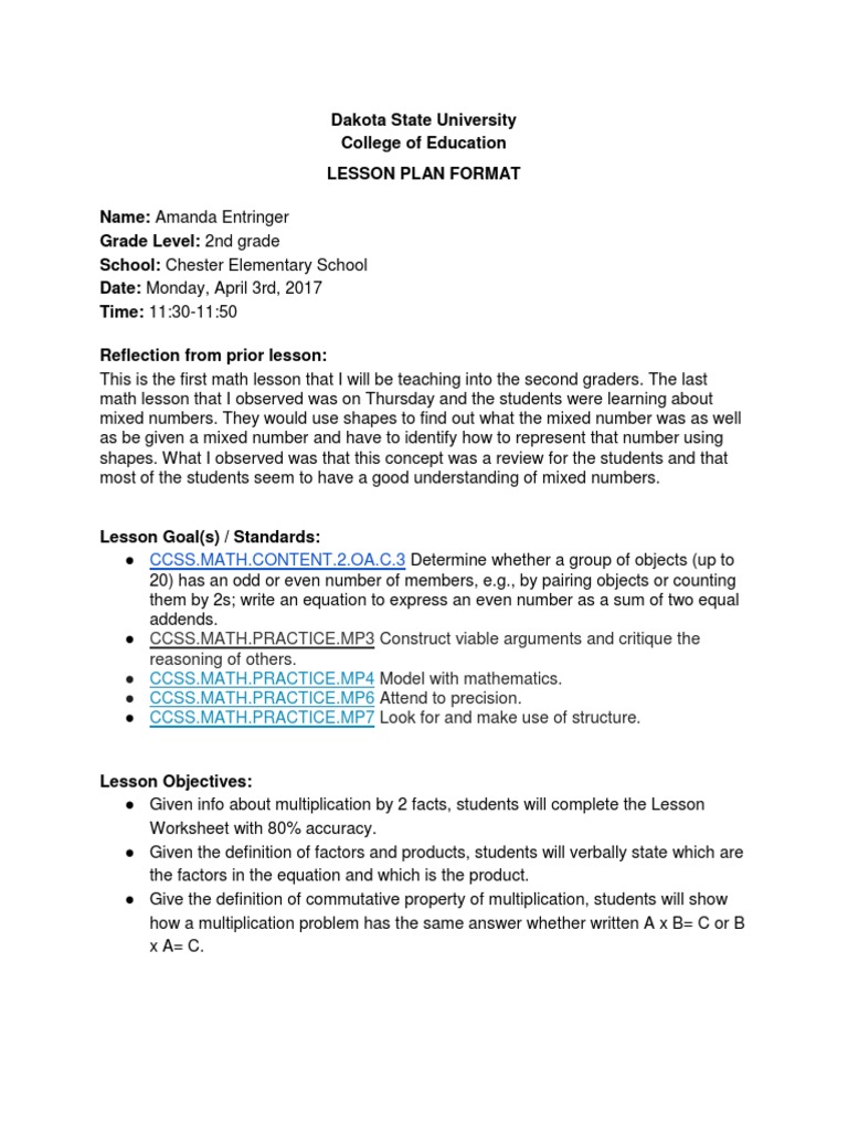 2nd Grade Math Lesson 1 | PDF | Multiplication | Worksheet