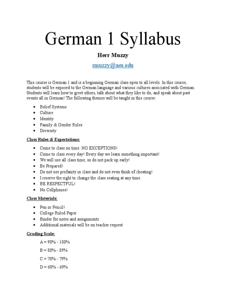 German 1 Syllabus | PDF | Test (Assessment) | Teaching