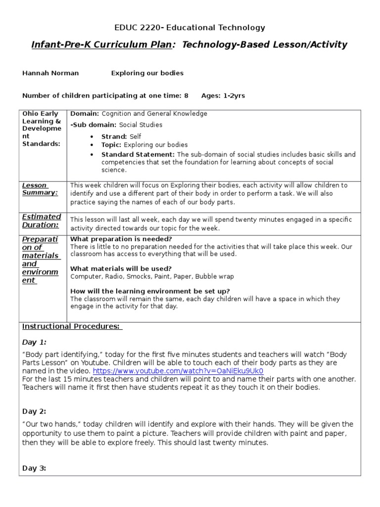 Infant-Pre-K Curriculum Plan: Technology-Based Lesson/Activity | PDF | Career & Growth | Science ...