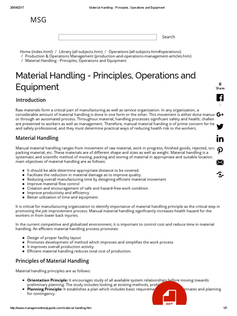 Material Handling - Principles, Operations and Equipment | PDF ...