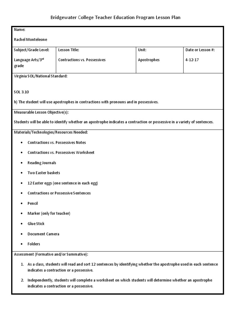 Contractions vs. Possessives Lesson Plan | PDF | Lecture | Reading ...