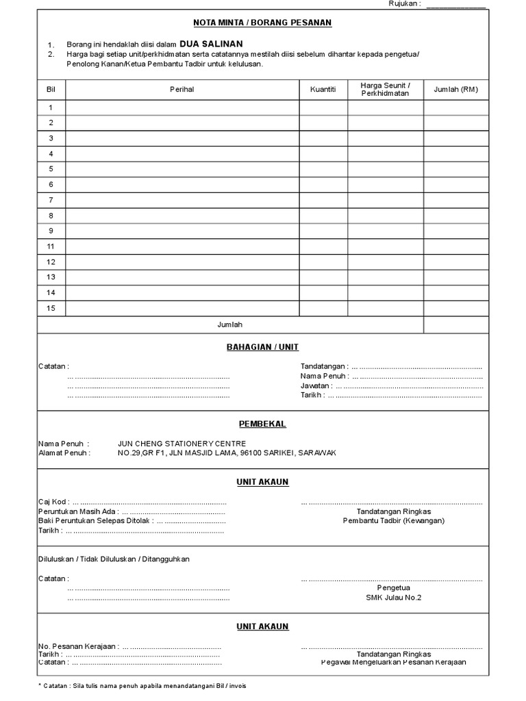 Nota Minta at Borang Pesanan Sekolah | PDF