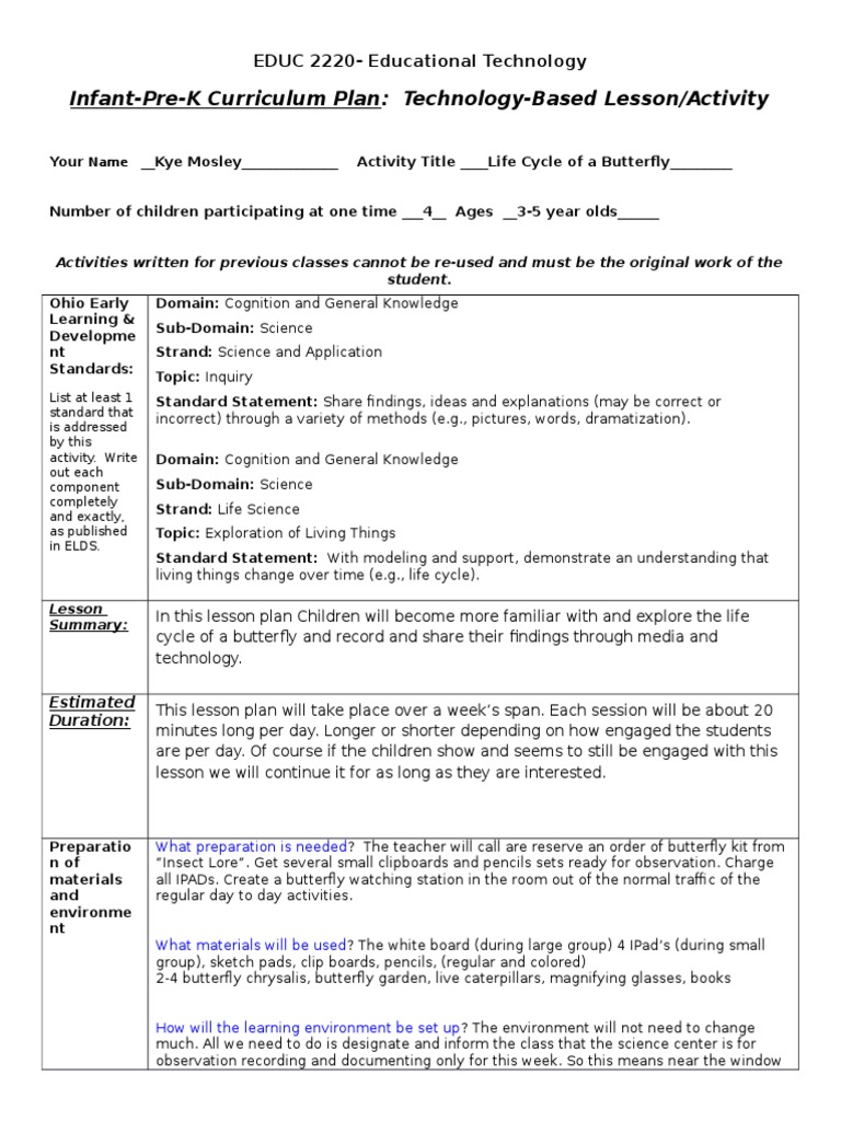 Ed Tech ECDE Activity Plan | PDF | Butterfly | Lesson Plan