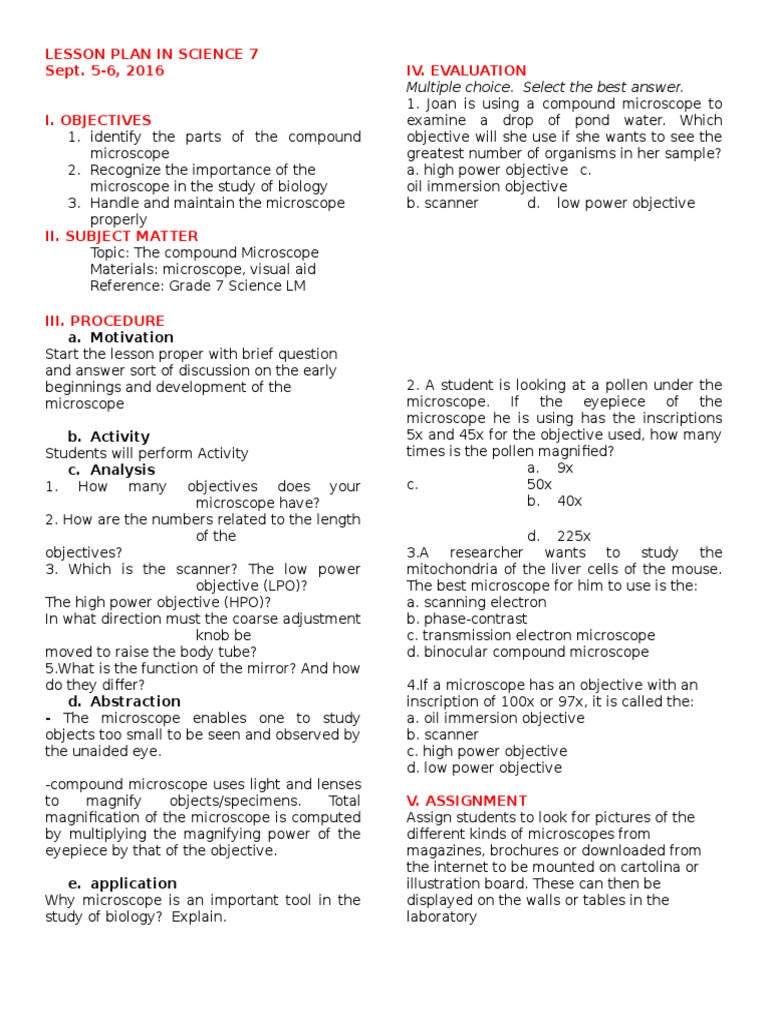 Lesson Plan in Science 7 | PDF | Microscope | Equipment