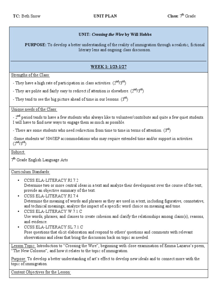 Unit Plan 7th Grade | Download Free PDF | Maize | Reading (Process)