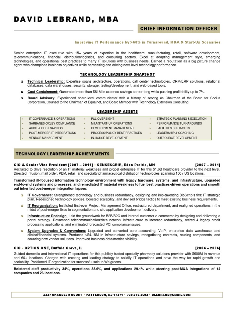CIO Resume Sample | PDF | Chief Information Officer | Outsourcing
