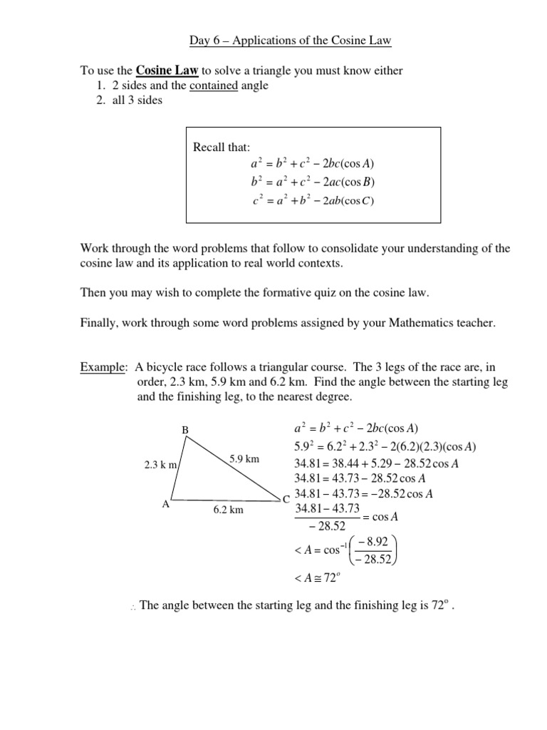 11 - Day 6 - Applications of The Cosine Law | PDF | Trigonometric ...