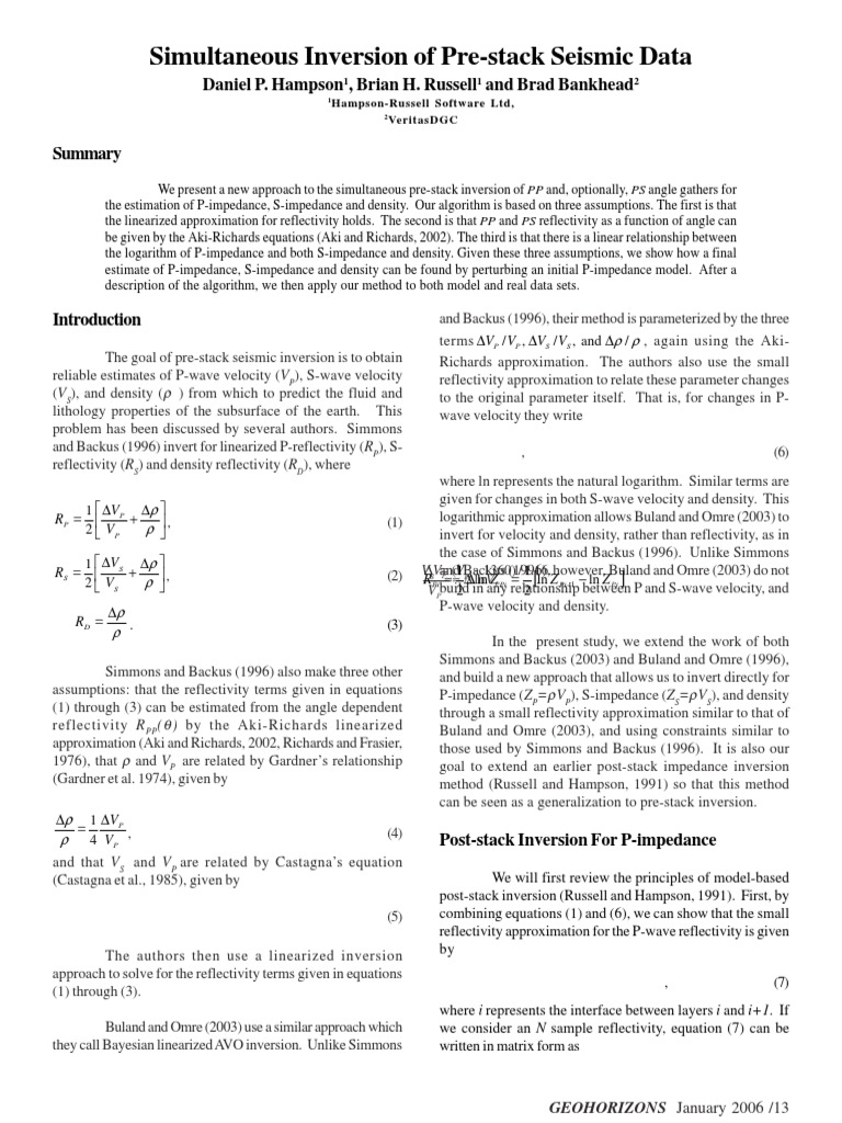 Simultaneous Inversion of Pre-Stack Seismic Data: Daniel P. Hampson ...