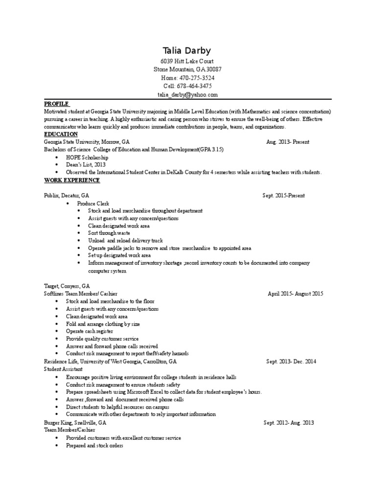 Tdarby Resume | PDF | Georgia (U.S. State) | Further Education
