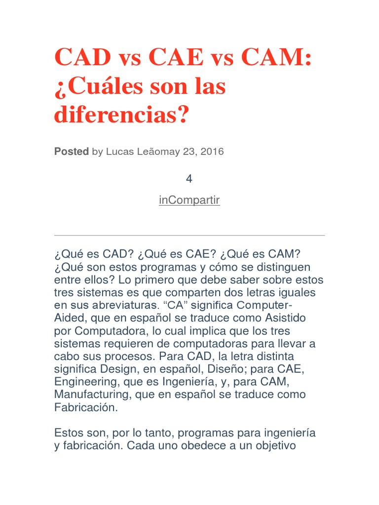 CAD Vs CAE Vs CAM | Descargar gratis PDF | Control numerico | Ingeniería