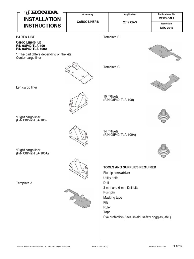 2017 CRV Cargo Liner Installation Instructions | PDF | Rivet | Drill