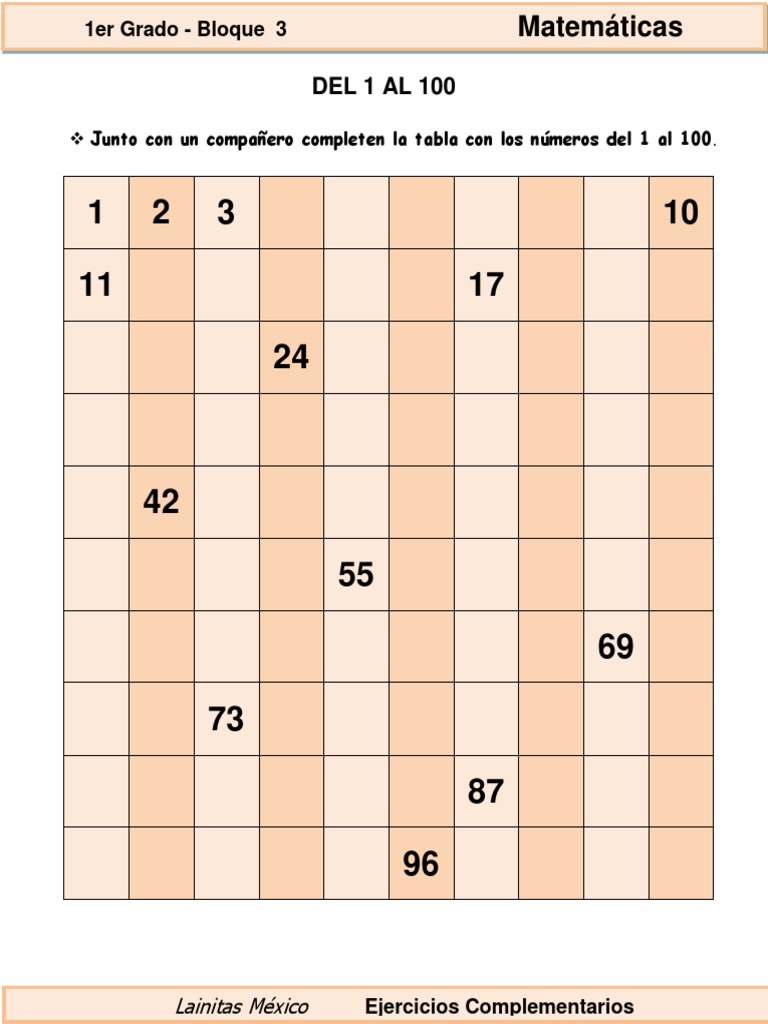 1er Grado - Matemáticas - Los Números de 1 Al 100 PDF