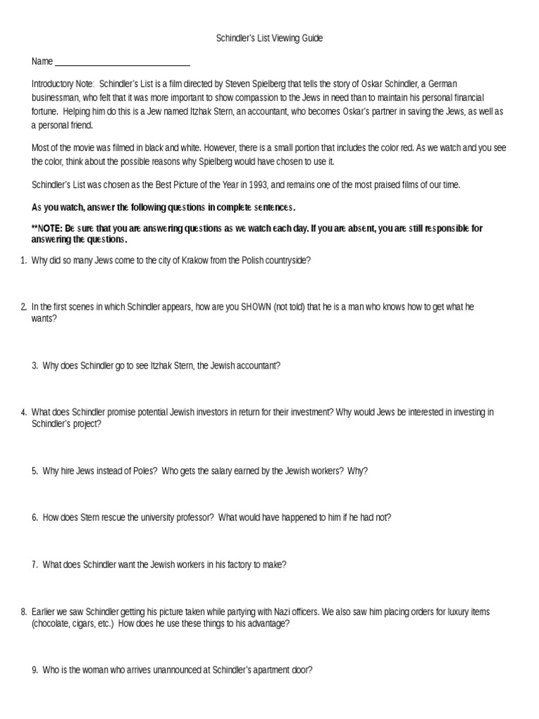 Schindler's List Viewing Guide Questions | PDF | Unrest | Violence