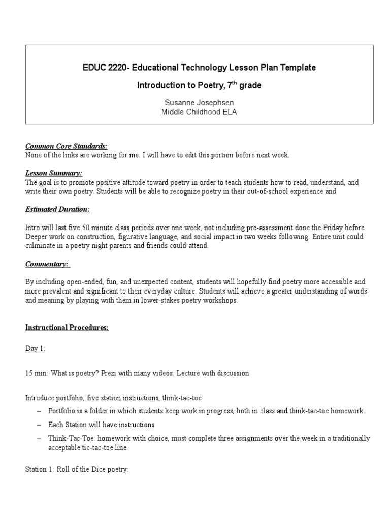 EDUC2220 Lesson Plan Template | PDF | Poetry | Lecture