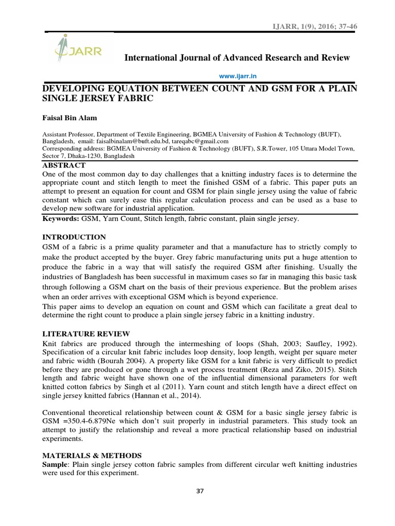 Equation links knit fabric count and GSM | PDF | Knitting | Textiles
