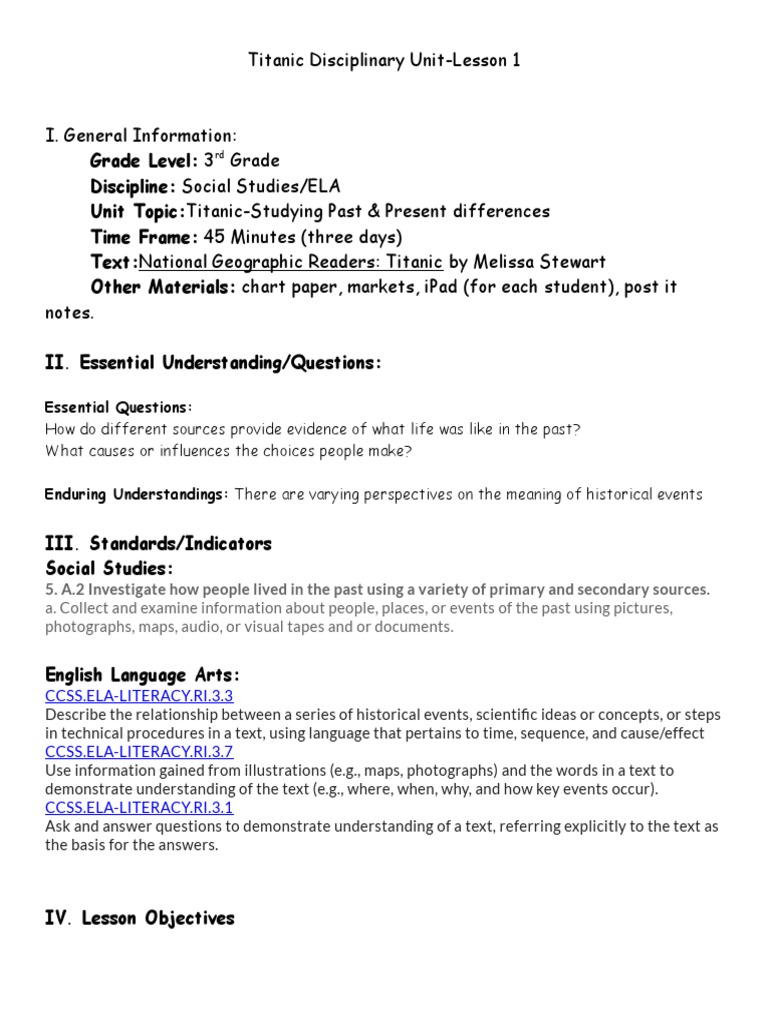 Lesson Plan-Close Reading Titanic | PDF | Educational Assessment ...