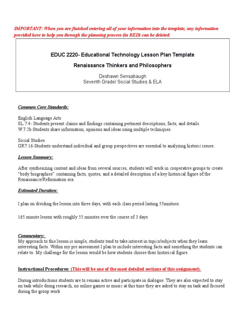 EDUC 2220-Educational Technology Lesson Plan Template Renaissance Thinkers and Philosophers ...