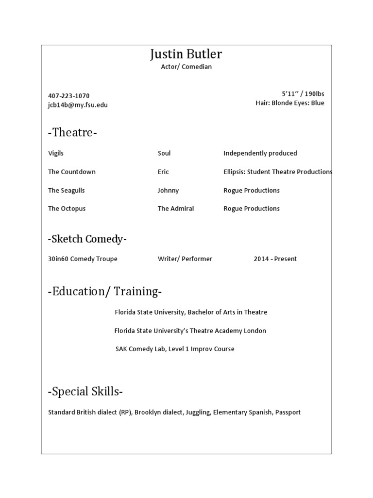 Justin Butler: Actor & Comedian Profile | PDF