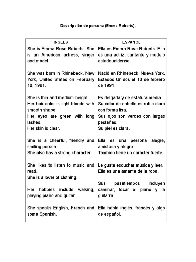 Descripción de Persona en Ingles | PDF