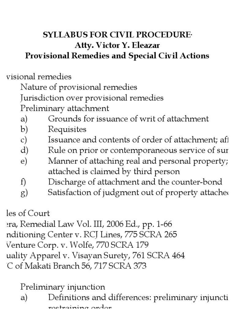 Syllabus For Civil Procedure (Provisional Remedies) | PDF | Foreclosure | Contempt Of Court