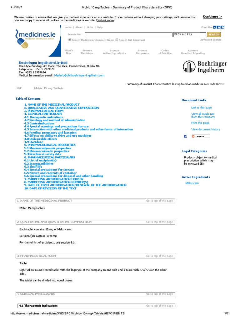 Mobic 15 MG Tablets - Summary of Product Characteristics (SPC) | PDF ...
