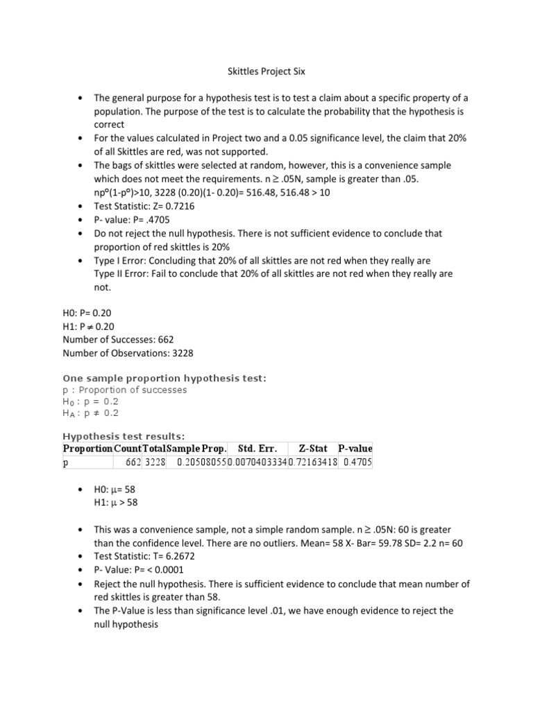Skittles Project Six | PDF | P Value | Statistical Hypothesis Testing