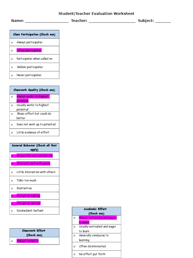Student/Teacher Evaluation Worksheet Name: - Teacher: - Subject | PDF ...