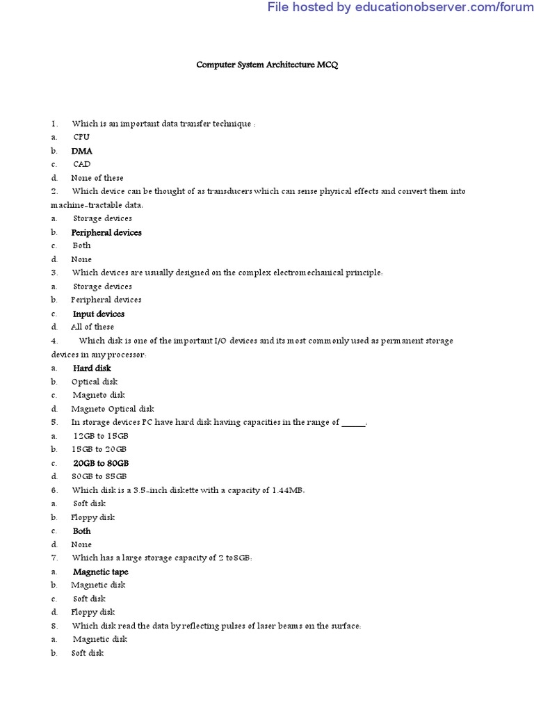 Computer System Architecture MCQ Bank PDF | PDF | Input/Output | Printer (Computing)