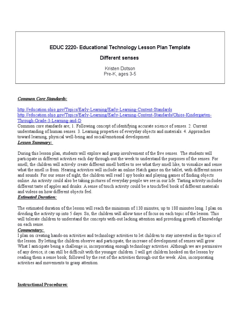 EDUC 2220-Educational Technology Lesson Plan Template Different Senses | PDF | Senses | Lesson Plan