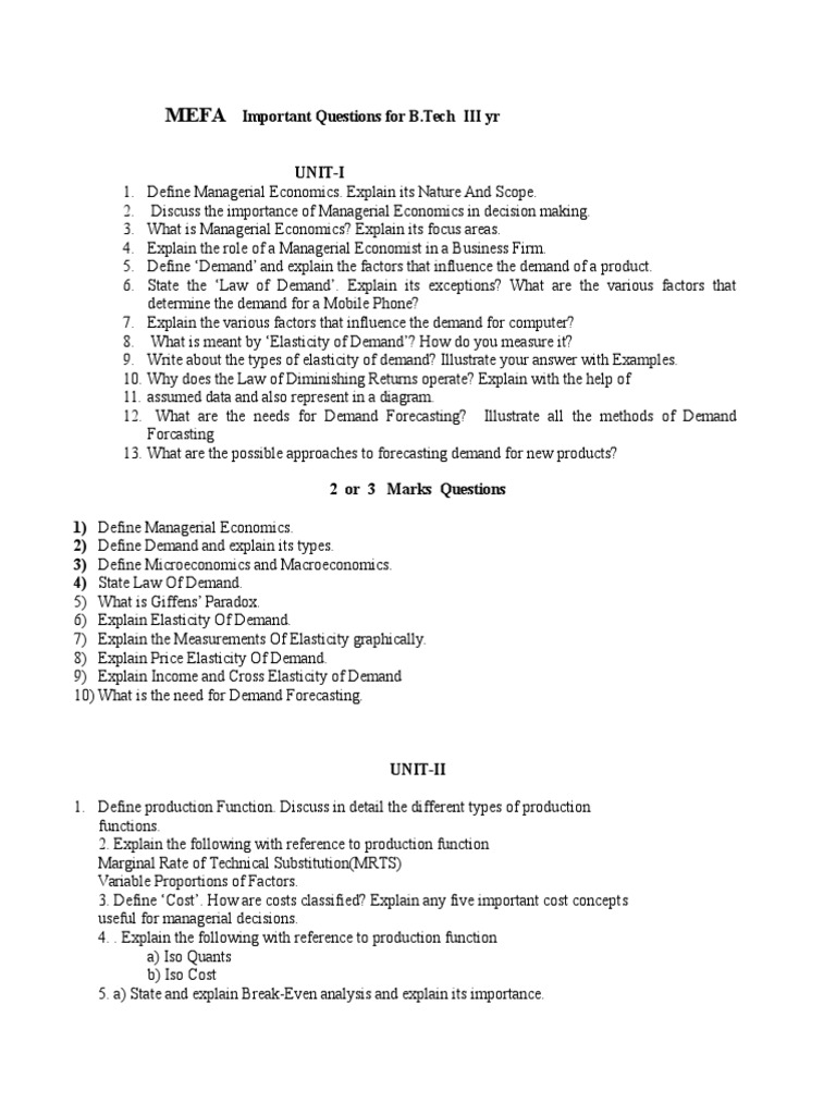 MEFA Unit Wise Imp Questions | PDF | Capital Budgeting | Demand